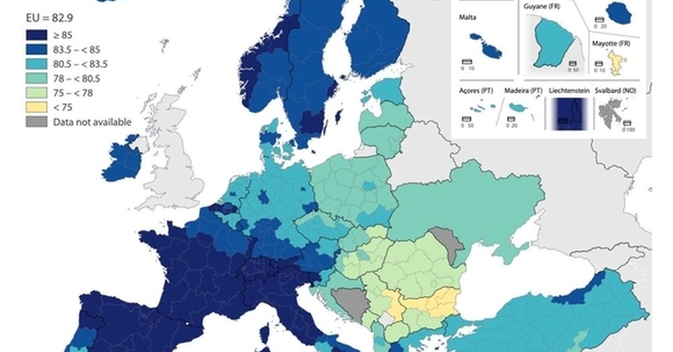 ¡Cuánta razón! / Mapa de la esperanza de vida en mujeres europeas según Eurostat