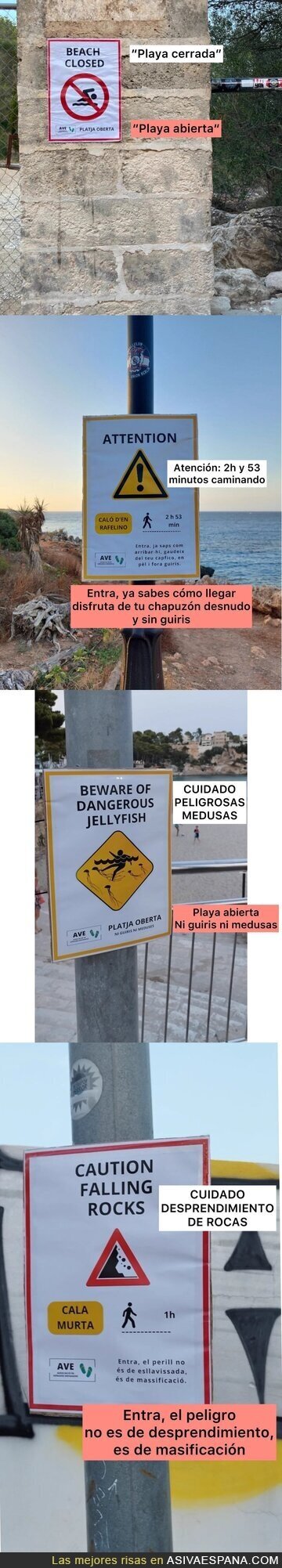 Algunos de los carteles que los mallorquines han puesto para espantar a ...