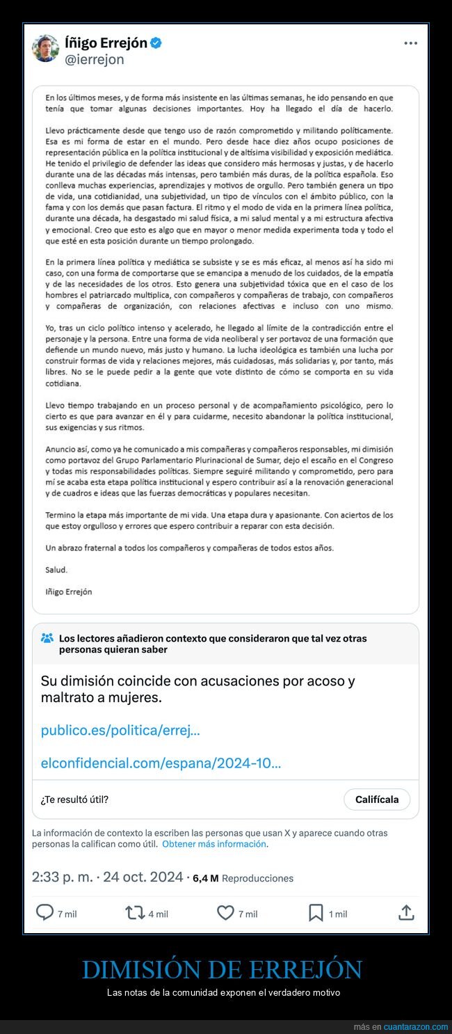 ¡Cuánta razón! / Las notas de la comunidad resumen la carta de dimisión ...